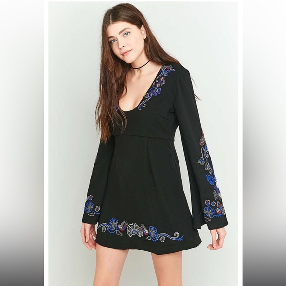 Free People | Dresses | Free People Holiday Folk Mini Dress Black ...